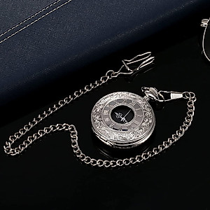 Hicarer Classic Quartz Pocket Watch with Roman Numerals Scale and Chain Belt (Silver)