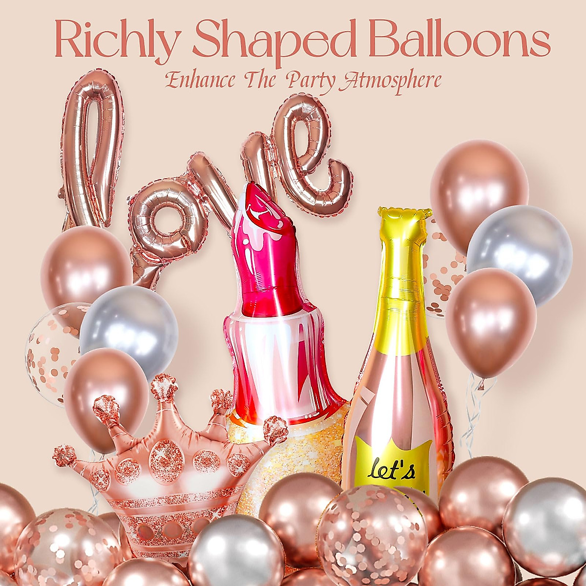 MURDIZZO Rose Gold Happy Birthday Decors Women,Rose Gold Birthday Decors w/ Banner, Fringe Curtains, Feminine-Themed Foil Balloons, Balloon Kits 13th 21st 25 30 40 50th Birthday Decors