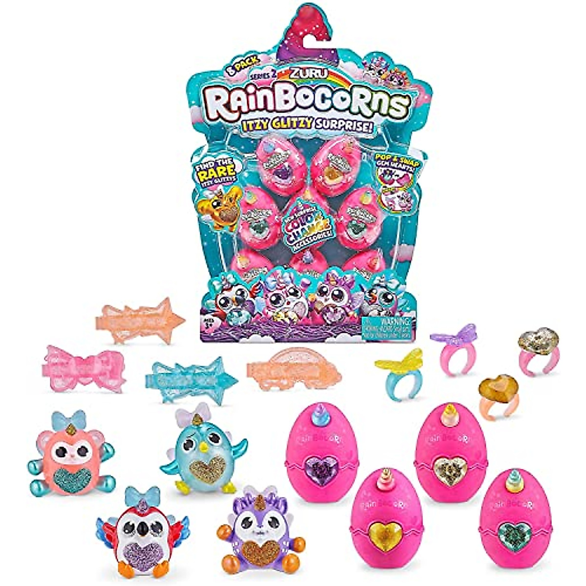 Rainbocorns Itzy Glitzy Surprise Series 2 (8 Pack) Pink Eggs by ZURU, Collectibles, Rings, Hair Clips, Pencil Toppers, Wings for Easter Basket Stuffers, Party Favors, Girls, and Kids