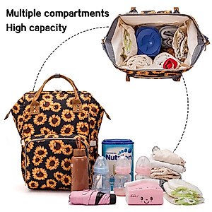 Sunflower Diaper Bag Backpack Set for Baby Girls, Large Floral Mom Bags with Nappy Pouch Stroller Straps
