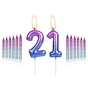 iNINGER 21th Birthday Candles Purple to Blue Gradient Candle with 12 Pcs Gradient Spiral Candle for 21th Birthday Candles Decorations for Women Number 21 Candles Wedding Anniversary Decorations