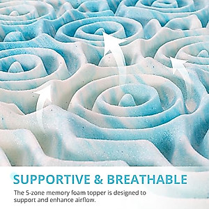 EGOHOME 5-Zone Memory Foam Mattress Topper 2 Inch Queen, Cooling Gel Infused Foam Mattress Topper for Pressure Relief, CertiPUR-US Certified Bed Topper,Blue, 60"×80"