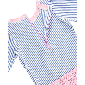 RuffleButts® Baby/Toddler Girls Long Sleeve One Piece Swimsuit - Blue Seersucker with UPF 50+ Sun Protection - 12-18m