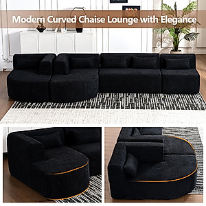 RuiSiSi 143.7" Modern Upholstered Sectional Sofa with 5 Back Pillows and 2 Chaise Lounge, Free-Combined Sofa Couch for Living Room Apartments, Black