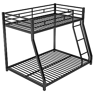 HAUSHECK Bunk Bed Twin Over Full Size, Heavy Duty Metal Bunk Beds with Ladder and Safety Guardrail, Floor Bed Frame for 2 or 3 Kids, Teens & Adults, No Box Spring Needed, Noise Free, Space Saving
