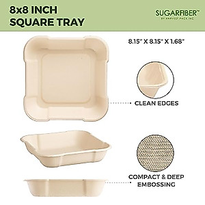 [500 COUNT]Harvest Pack 8" x 8" Compostable Disposable Food Trays, Eco-Friendly Square Serving Container Made From Plant Fibers Meal Prep Takeout Dinnerware Plates Catering