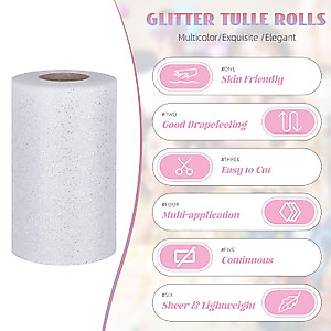 Glitter Tulle Rolls 6” by 50 Yards Sparkle Tulle Fabric Ribbon Sequin Tulle Netting Rolls for DIY Tutu Skirt Wedding Birthday Party Decoration (White/Silver-New)