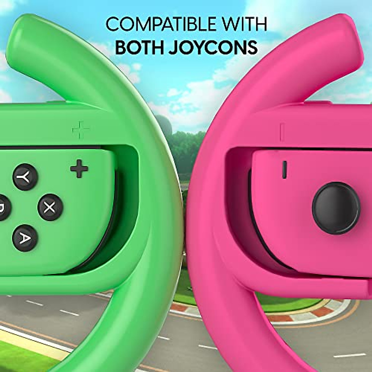 Talkworks Steering Wheel Controller for Nintendo Switch (2 Pack) - Racing Games Accessories Joy Con Controller Grip for Mario Kart, Pink/Neon Combo - Nintendo Switch