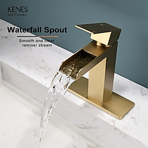 KENES Brushed Gold Waterfall Bathroom Faucet, Modern Single Hole Faucet, Gold Single Handle Bathroom Sink Faucet, with Pop Up Drain & Water Supply Hoses LJ-9035-4