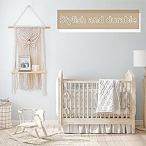 BIGEBO Macrame Wall Hanging Shelf, Handmade Hanging Shelves Floating Wood shelve Butterfly Wall Decor for Bedroom Living Room Boho Bathroom Decor Plants (White)