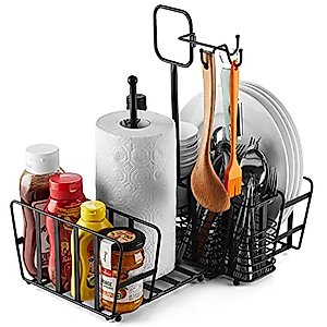 Utensil Caddy (Foldable) - Upgrade with Removable Hooks - Silverware, Plate, Napkin Storage Organizer, Paper Towel Holder and Handle, Utensil Holder for Camping, Picnic, Buffet, Grill, BBQ Parties