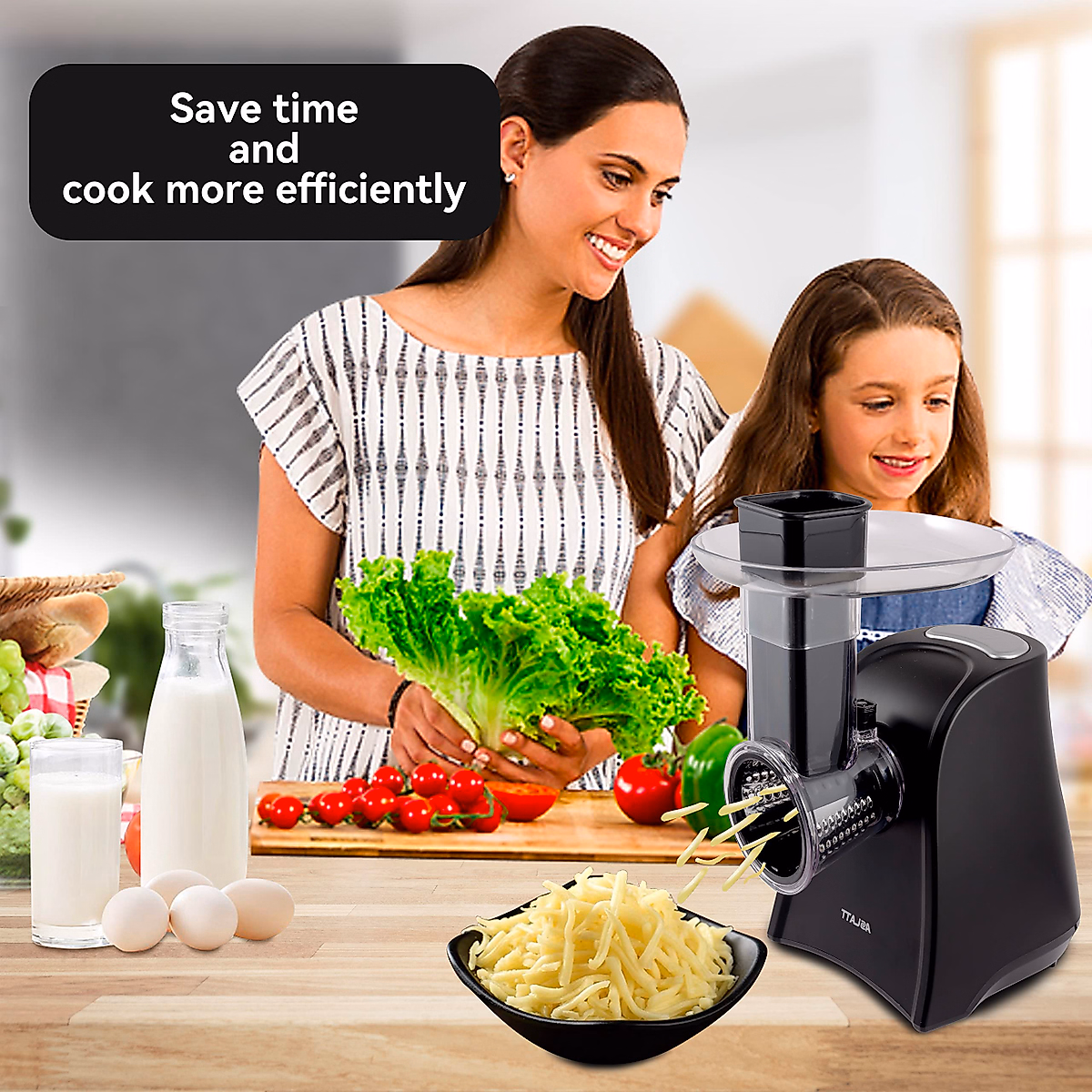 ASLATT Electric Slicer, Electric Cheese Grater for Home Kitchen Use, One-Touch Control Cheese Shredder, Salad Maker Machine for Fruits, Vegetables, Cheese Grater with 5 Attachments