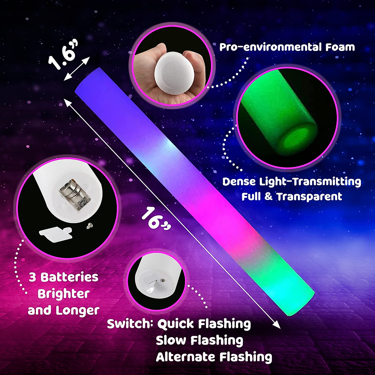 Kisure 48PCS Glow in the Dark Party Supplies, Wedding Light Up Party Favors - 24pcs 16" Foam Glow Sticks, 12pcs LED Glasses and Bunny Ear Headband for Halloween Concert Carnival Birthday Neon Party