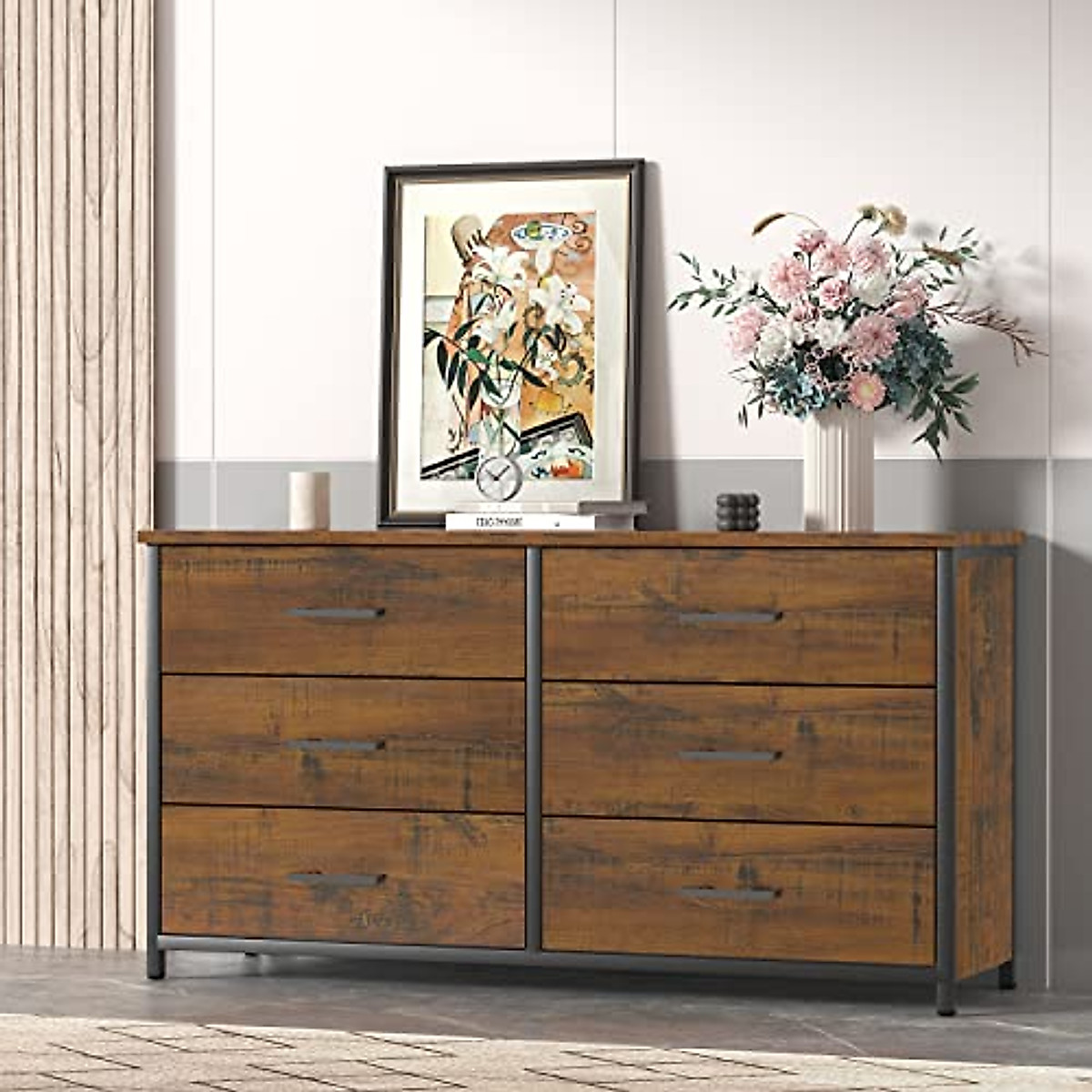IKENO 6 Drawer Double Dresser, Industrial Wood Dresser for Bedroom, Storage Cabinet with Sturdy Steel Frame