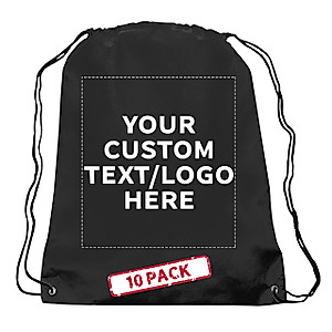 DISCOUNT PROMOS Custom Non-Woven Drawstring Backpacks Set of 10, Personalized Bulk Pack - Bring Everywhere You Go, Great for Travelling, Gym and for Everyday Use - Black
