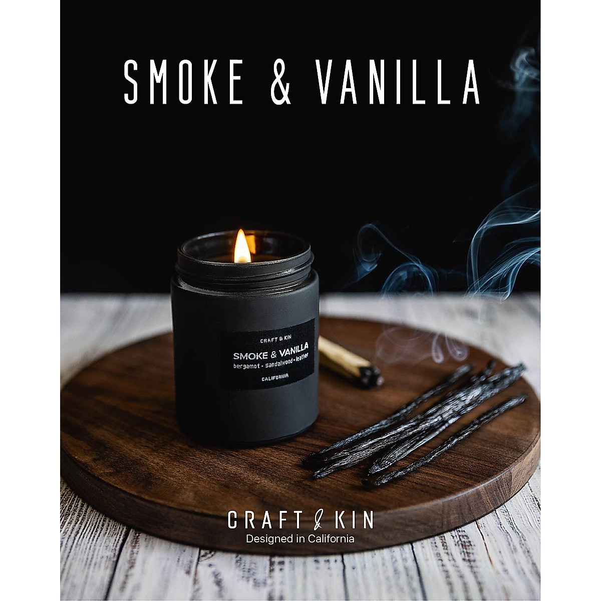 Scented Candles for Men | Smoke and Vanilla Candle for Men | Soy Candles, Long Lasting Candles, Home Decor | Masculine Candle, Wood Wicked Candles, Spring Candles | Vanilla Candle in Black Jar