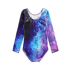 HOZIY Long Sleeve Gymnastics Leotards for Girls 7-8 Size 6-7 Year Old Blue Purple Galaxy Dance Clothes Tumbling Outfits Unitard Sparkle Kids Bodysuit Outfits Sleeved