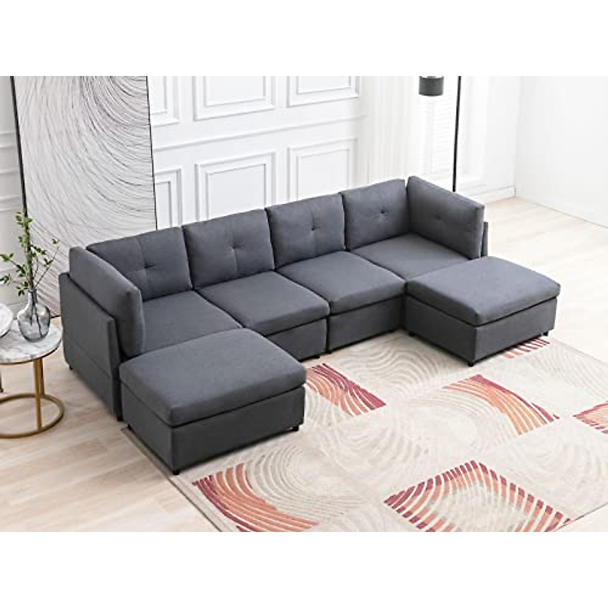 linor Modern U Shaped Convertible Sofa Couch, 118'' Modular Sectional Sofa with Tufted Back Cushion, 6 Seat Oversized Sectionals Sofa Couch with Ottomans for Living Room (Linen,Gray)