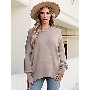 ANRABESS Women Crewneck Batwing Long Sleeve 2024 Fall Oversized Side Slit Ribbed Knit Pullover Sweaters Top Cozy Outfits Pink Apricot Large