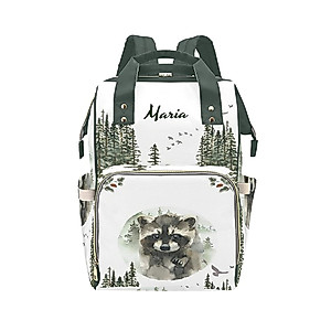 Woodland Forest Raccoon Diaper Bag Backpack with Name for Men Women Custom Personalized Nursing Baby Bags Shoulders Travel Bag Daypack