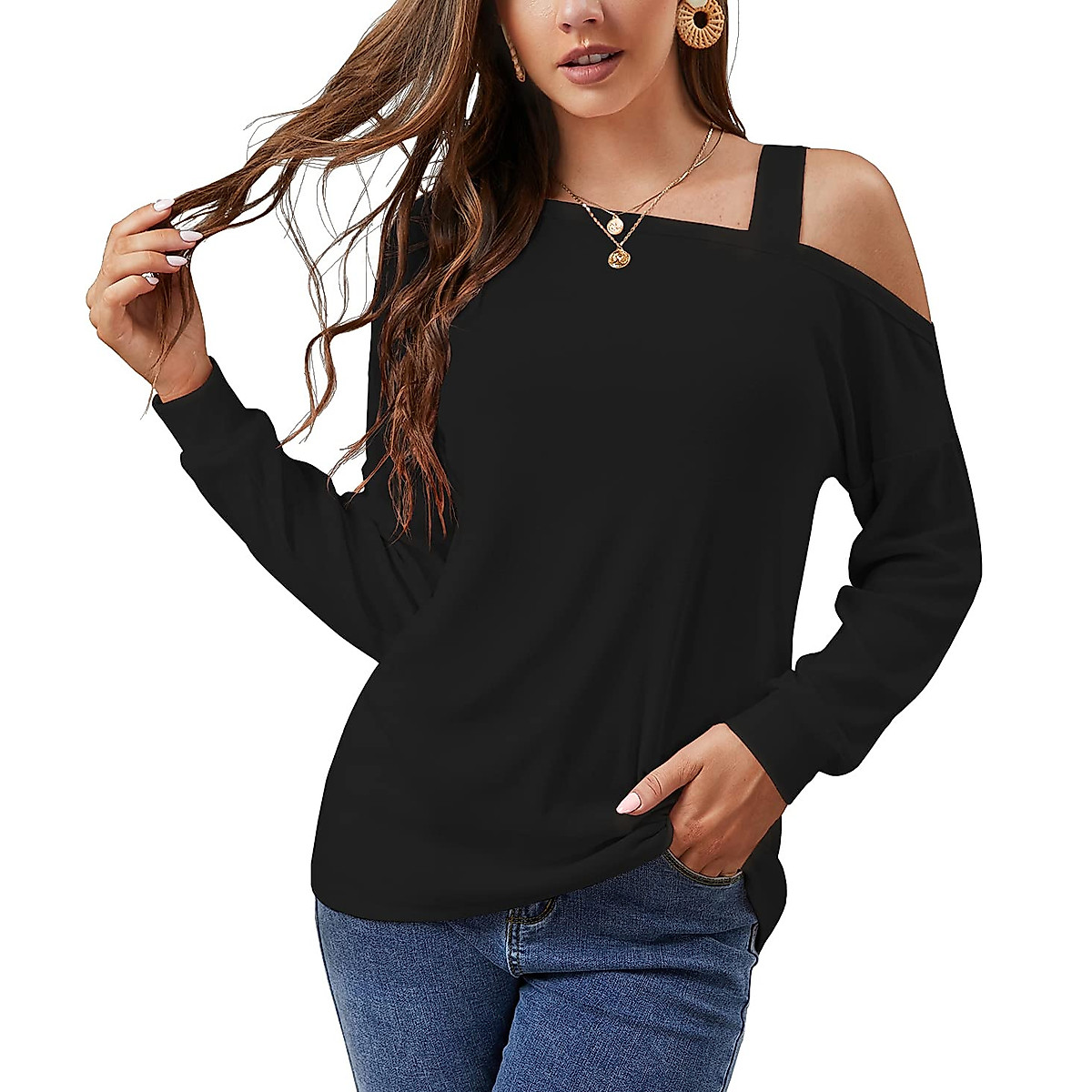 JINKESI Women's Long Sleeve Tunic Tops Casual Cold Shoulder Blouse Shirts Black-Medium
