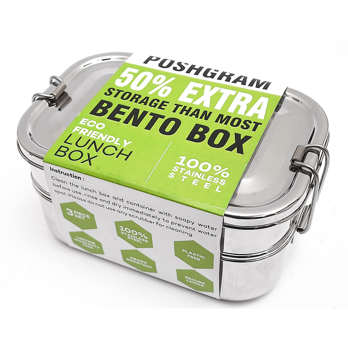 POSHGRAM Eco-Friendly STAINLESS STEEL BENTO BOX for adults and kids, 3-Tier Lunch Box For adults and kids, Size 6.4 * 4.4 * 3.3 (Inches)