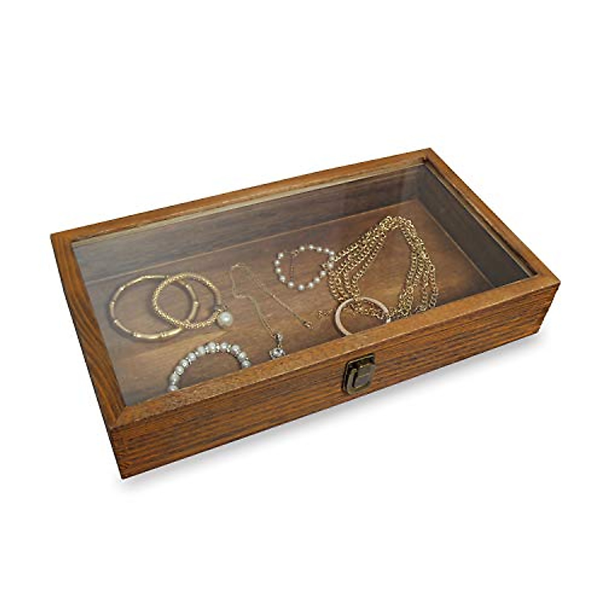 MOOCA Wood Glass Top Jewelry Display Case Accessories Storage, Wooden Jewelry Tray for Collectibles, Home Organization Box with Metal Clasp and Tempered Glass Top Lid, Brown