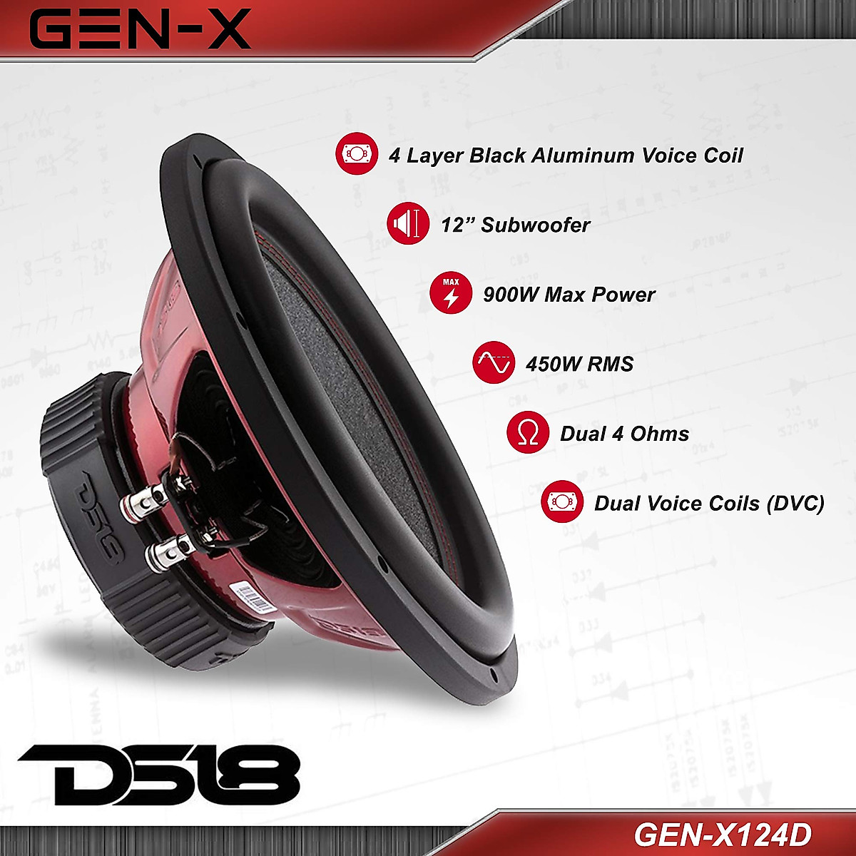 DS18 GEN-X124D Subwoofer in Black - 4 Layer Black Aluminum Voice Coil, 12", 900W Max Power, 450W RMS, Dual 4 Ohms - Powerful Car Audio Bass Speaker (1 Speaker)
