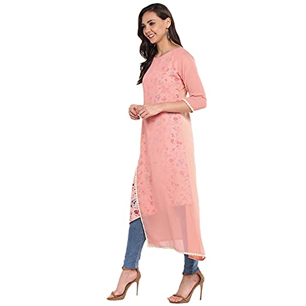 Janasya Indian Women's Tunic Tops Crepe Kurti for Women(JNE3252-KR-S) Pink