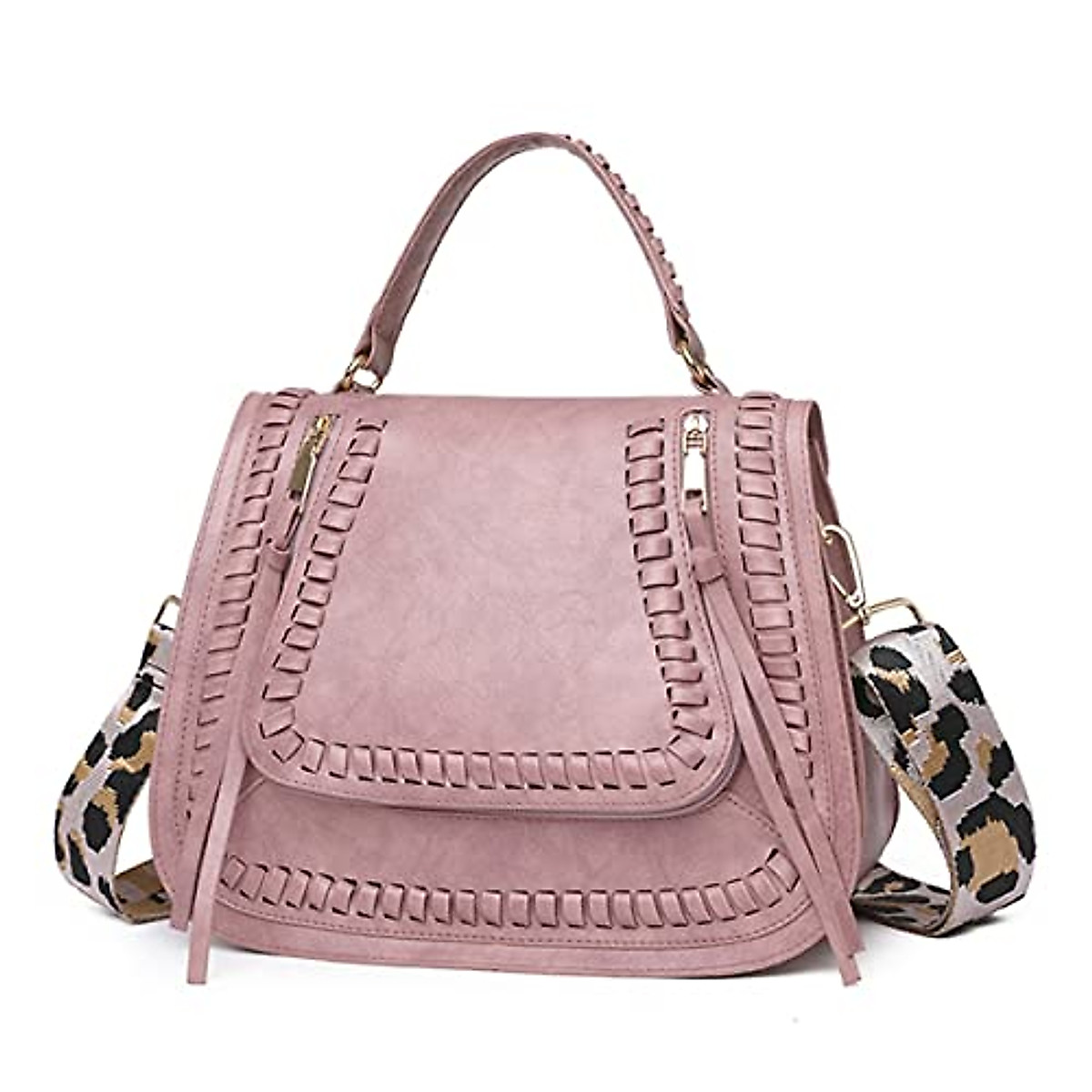 HANDAFA Convertible Satchel Handbag Woven Leopard Shoulder Hnadbag Crossbody With Gituar Strap For Women(Pink)