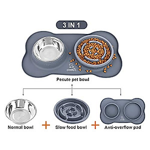 Pecute Dog Bowl Slow Feeder Bloat Stop Pet Bowl Eco-Friendly Non-Toxic No Choking Healthy Design Bowl with No-Spill Non-Skid Silicone Mat Stainless Steel Water Bowl for Dogs Cats and Pets