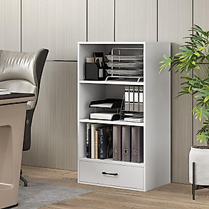 IFANNY 3 Shelf Bookcase with Drawer, Wood Bookshelves and Bookcases, Cube Bookcase Shelf, Small Bookshelf with Storage for Small Spaces, White Book Shelf for Bedroom, Living Room, Home Office