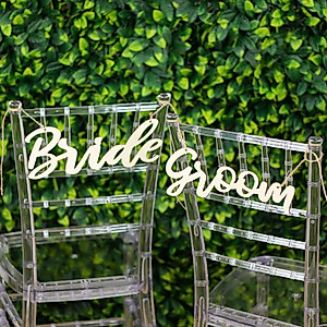 Efavormart Set of 2 | Natural Wood Bride and Groom Chair Signs, Wedding Photo Booth Props, Calligraphy Wall Hanging Decor - 12"X5"