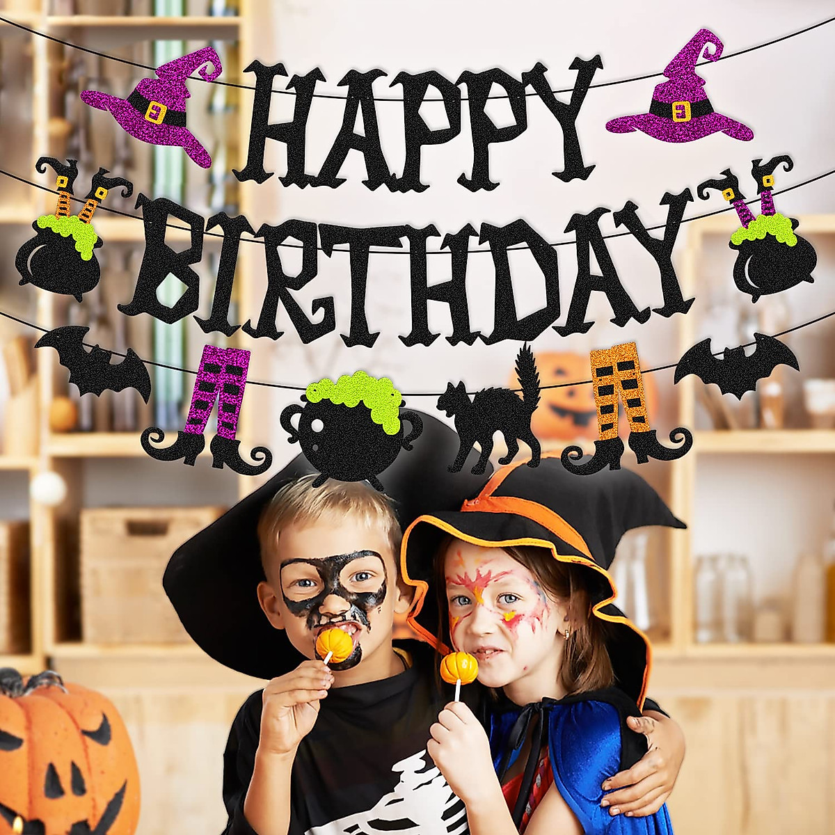 Halloween Birthday Banner Halloween Witch Party Banner Halloween Ghost Bat Cat Theme Party Garland Kids Girl Women Happy Birthday Decorations