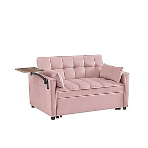 Comfy Velvet Tufted Upholstered Sofa Loveseat Convertible Futon Sofabed,Love Seat W/Pull Out Sleeper Couch Bed and 360 Adjustable Side Table for Coffee & Computer, Modern Compact Daybed
