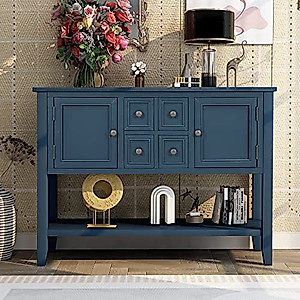 Merax Farmhouse Entryway Console Sofa Table for Living Room, Sofa Table with Storage Drawers and Shelf for Dining Room, Wood Narrow Kitchen Sideboard Cabinet with Door, Antique Navy