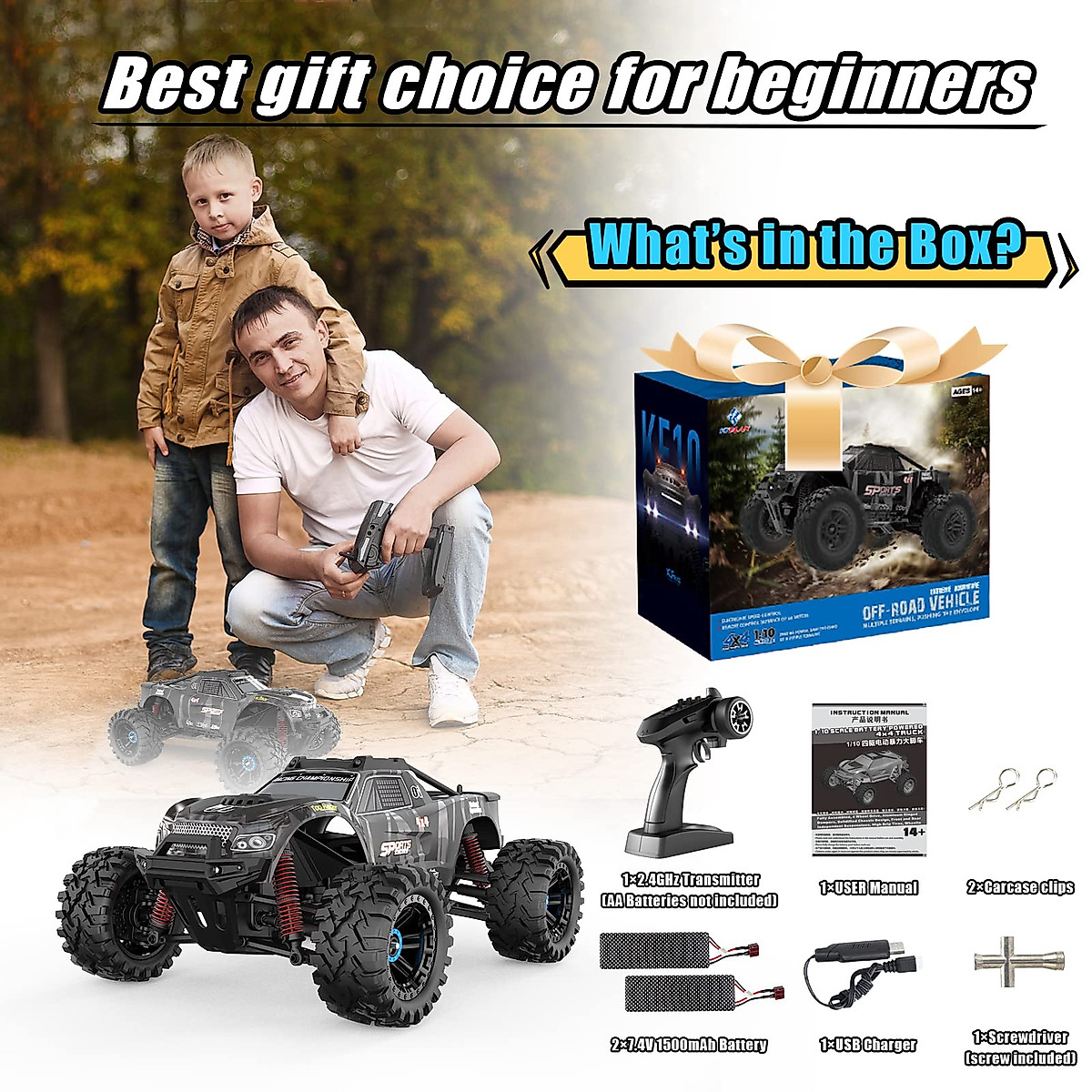 FUUY RC Cars for Adults 1:10 Large Remote Control Car 45KPH High-Speed RC Truck with 2 Batteries All Terrain Waterproof Off Road Fast RC Car with 550 Power Motor Toys Gift for Youth