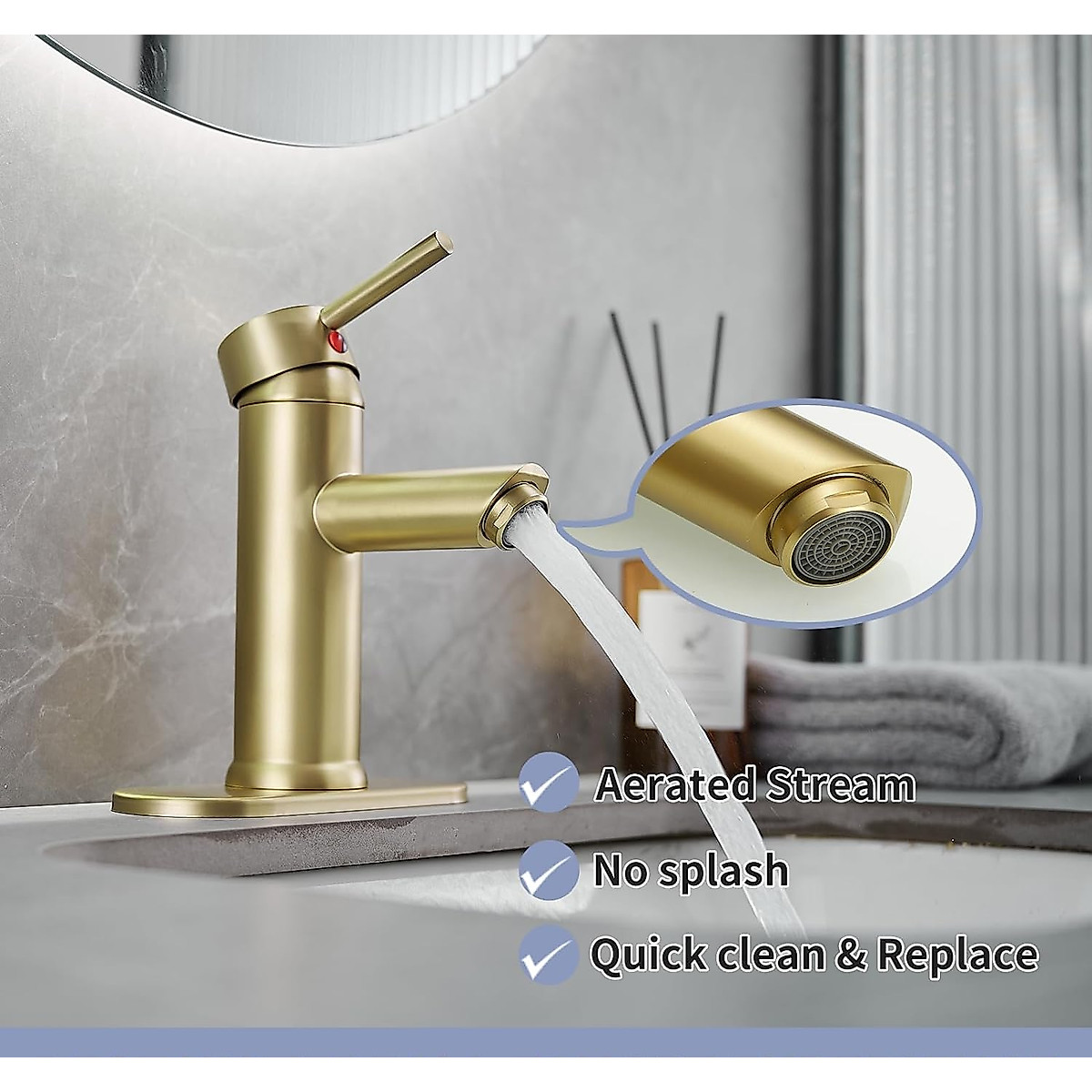 Greenspring Brushed Gold Bathroom Faucet, Bathroom Sink Faucet, Farmhouse Single Handle One Hole Bathroom Faucets with Supply Line with Pop Up Sink Drain Assembly and Water Faucet Supply Lines