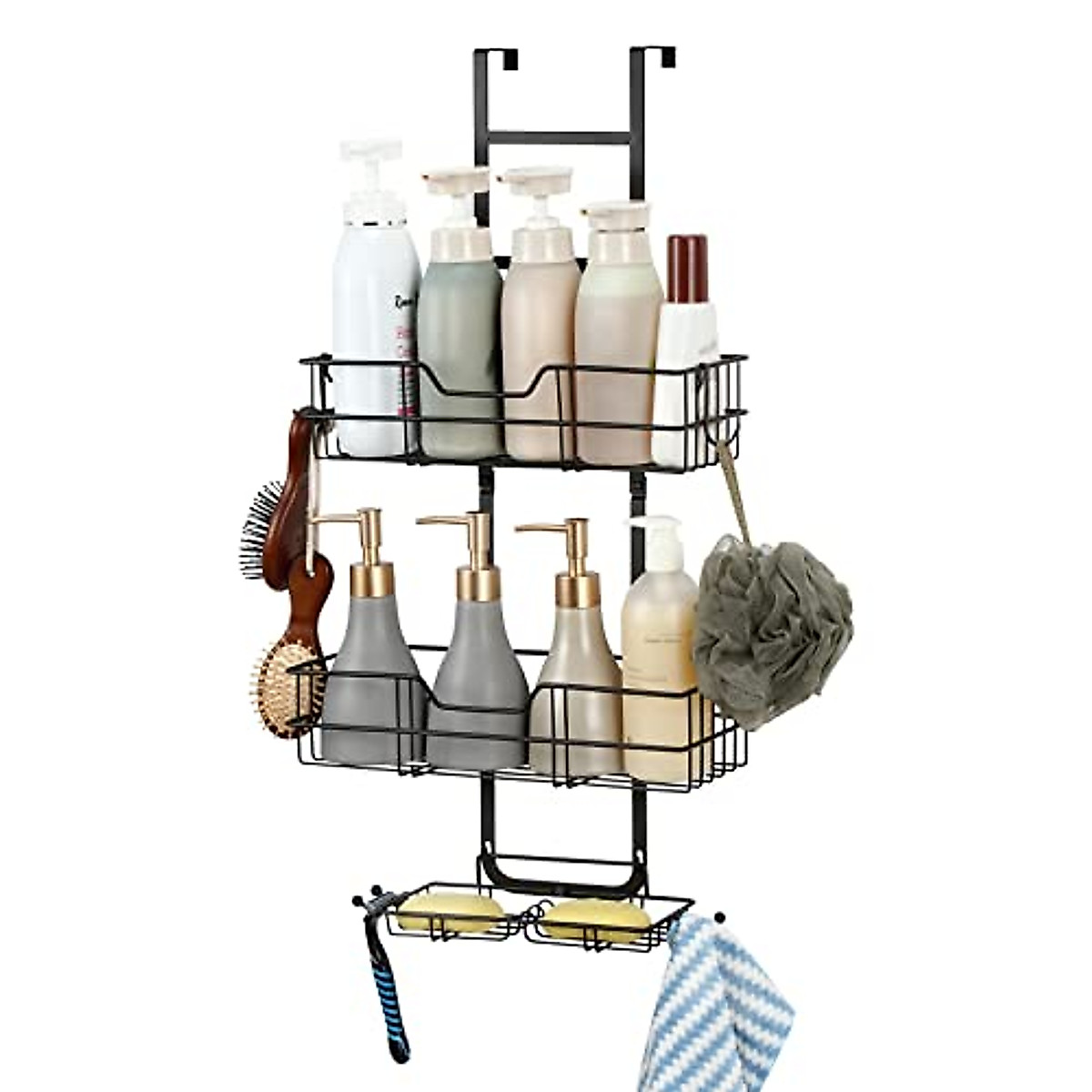 melos Over The Door Shower Caddy, 3 Tier Shower Hanging Organizer Shelf Rustproof, Shampoo Holder Bathroom Shelf With Soap Holder, Shower Basket With Hooks, For Dorm, Toilet, Bath, No Drilling, Black