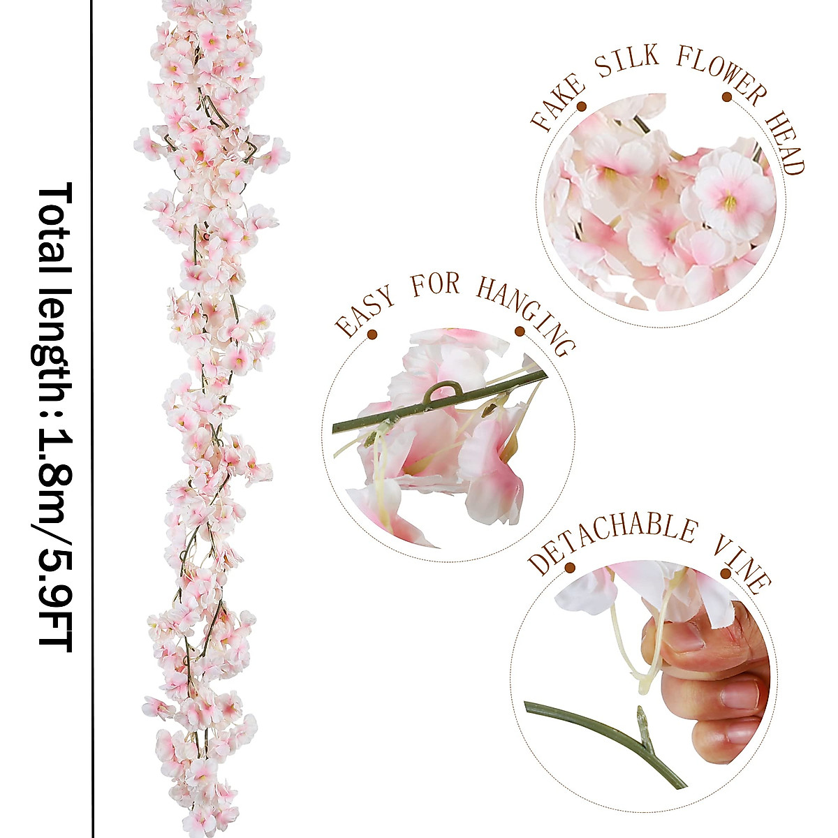 Homcomoda 4 Pcs Artificial Cherry Blossom Flower Vines Hanging Silk Flower Garlands Strings for Wedding Party DIY Home Garden Deceor