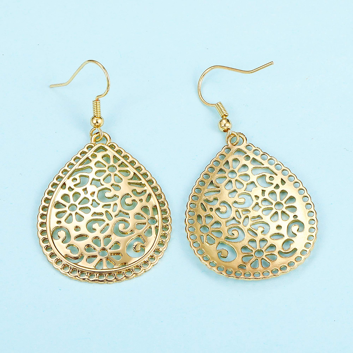 BIRSTONE Handmade Teardrop Earrings with Brushed Finished Dangle Earrings (Hollow Gold)