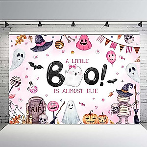 MEHOFOND 7x5ft Halloween Baby Shower Backdrop for Girl a Little Boo is Almost Due Pink Pumpkin Ghost Bat Photography Background Party Supplies Banner Decorations Photo Booth Studio Props