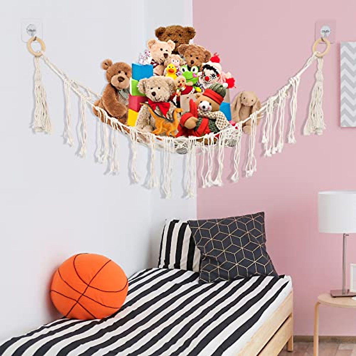 Cabilock Macrame Toy Hammock Macrame Hanging Net Kids Hanging Toys Fruit Basket Boho Wall Baskets Organizer Baskets Countertop Space Saver for Fruits Vegetables Corner Stuffed Animal Hammock