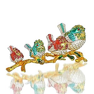 YU FENG Hand Painted Enamel Four Birds Trinket Box Hinged Jewelry Organizer with Crystals Ring Earrings Storage Colorful Animals Figurine Collectibles Home Decor Art