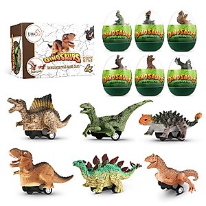 LIHAO 6 Pack Easter Eggs Dinosaur Toys Pull Back Cars for Easter Egg Hunt, Easter Basket Stuffers Fillers Kids Party Favors