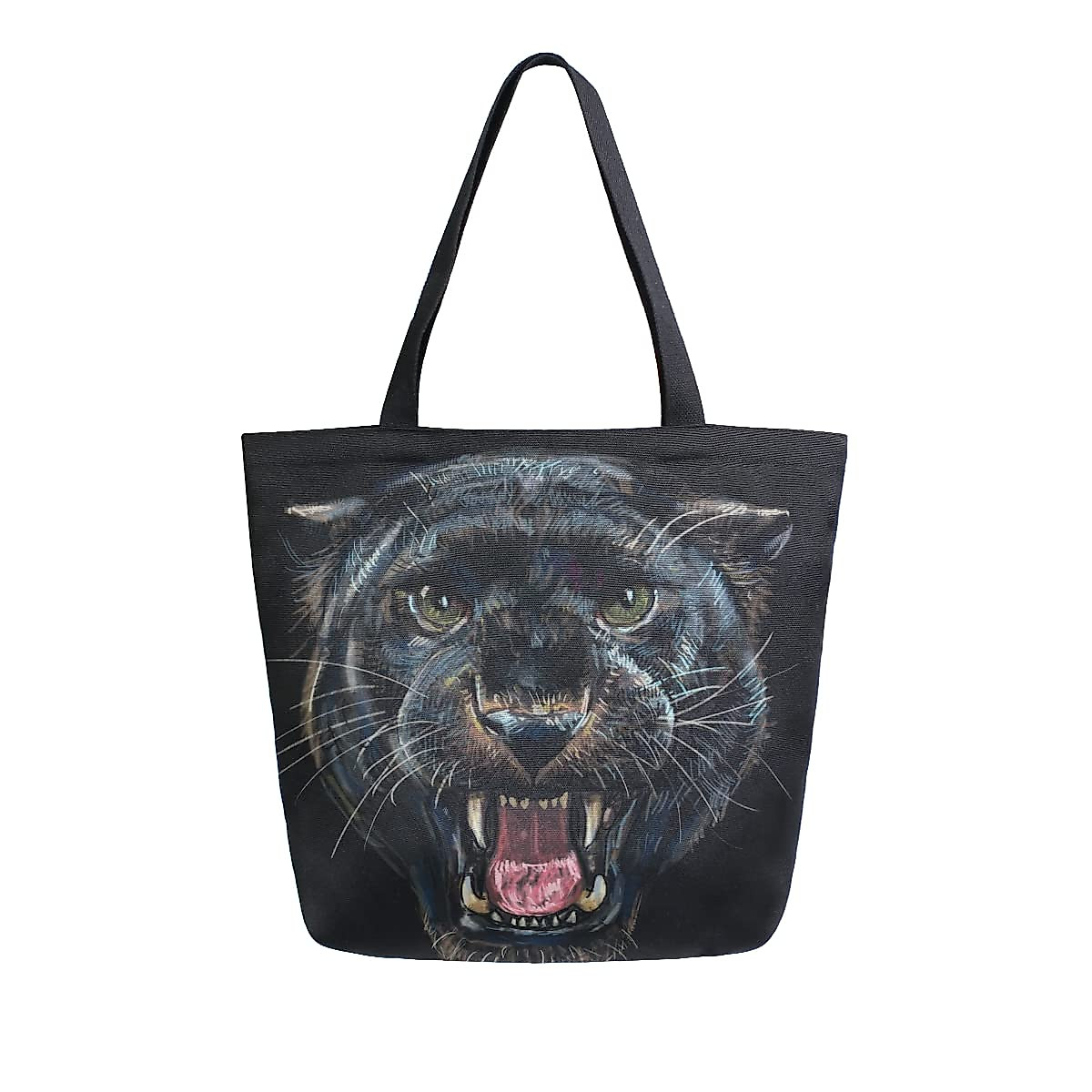 ALAZA Roaring Panther Animal Print Black Large Canvas Tote Bag Shopping Shoulder Handbag with Small Zippered Pocket
