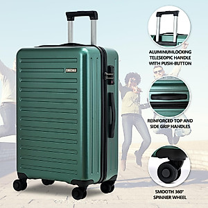 3Pcs (20/24/28) Luggage Set, HardShell Lightweight, Only 20" with Front Pocket, 21.65*15.35*7.87" Fits Overhead Cabin, 24" (26*17.7*10.2") and 28" (19.68*11.81*29.92") Checked Luggage, Green