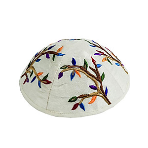 Yair Emanuel Multicolor Tree of Life Design Embroidered Raw Silk White Tallit Set