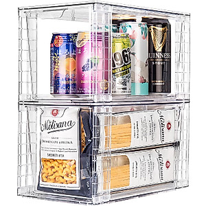 4Pack Large Stackable Kitchen Storage Drawers, Clear Foods Organizer Bins with Handles, Easily Assemble for Bathroom, Kitchen, Pantry, Cabinet, Closet(XL-UP Handle)