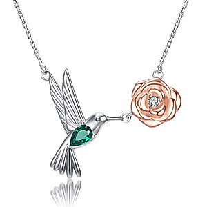 925-Sterlign-Silver Roseflower Hummingbird Necklaces for Women - Rose and White Gold Plated Animal Pendant Jewelry Christmas Birthdays Gifts for Wife Girlfriend Mom Daughters.